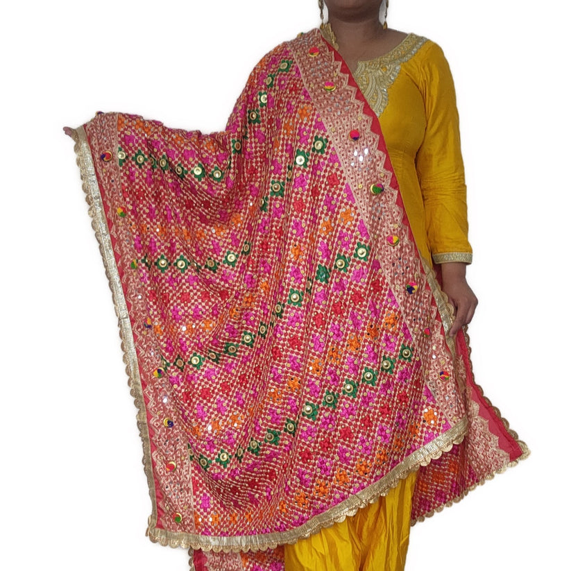 BORDER PHULKARI DUPATTA RED COLOUR WITH POM POM – Yellow Cart