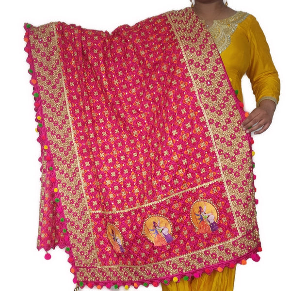 PUNJABI CULTURE PINK COLOR PHULKARI DUPATTA BORDER POM POM – Yellow Cart