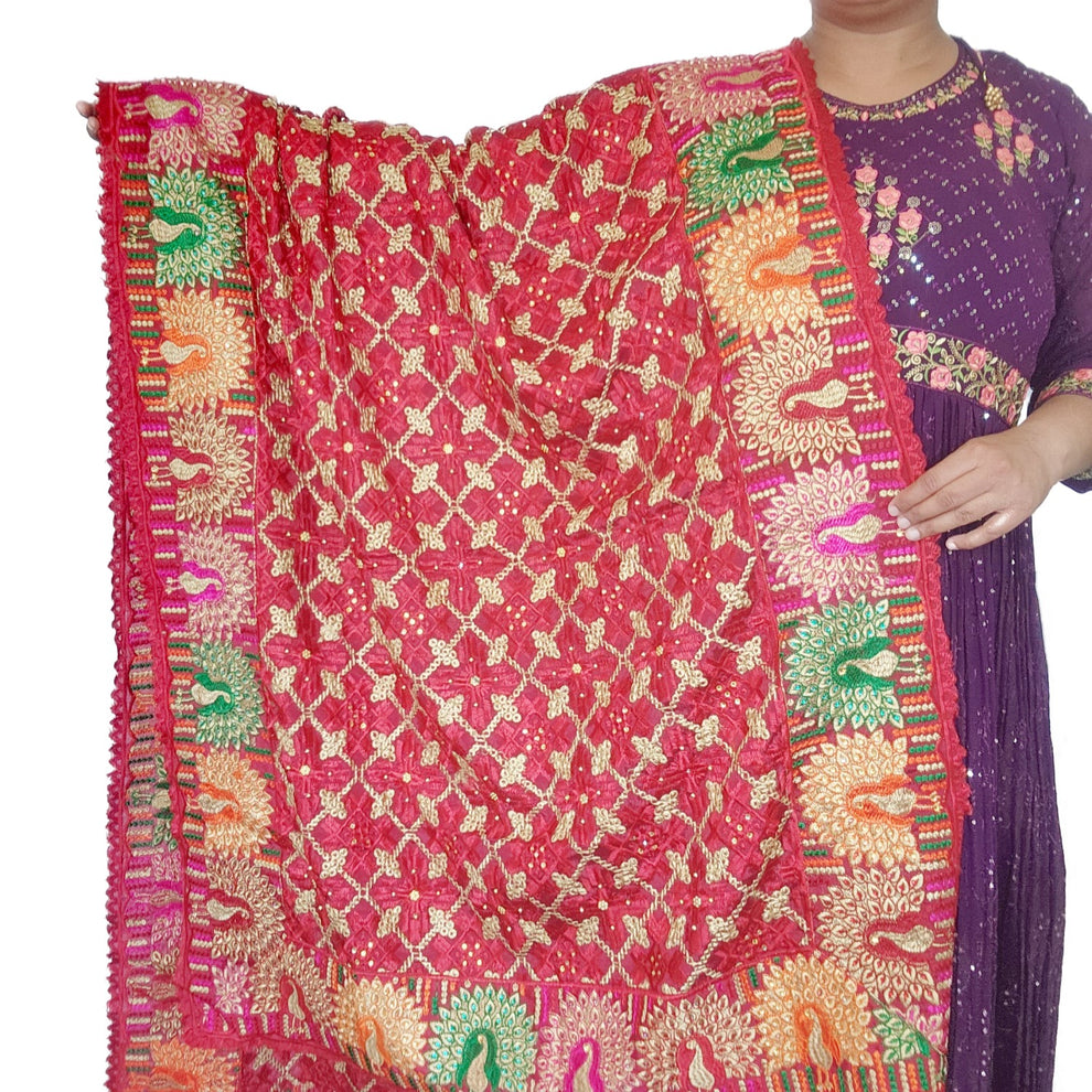 PEACOCK BORDER RED PHULKARI DUPATTA – Yellow Cart